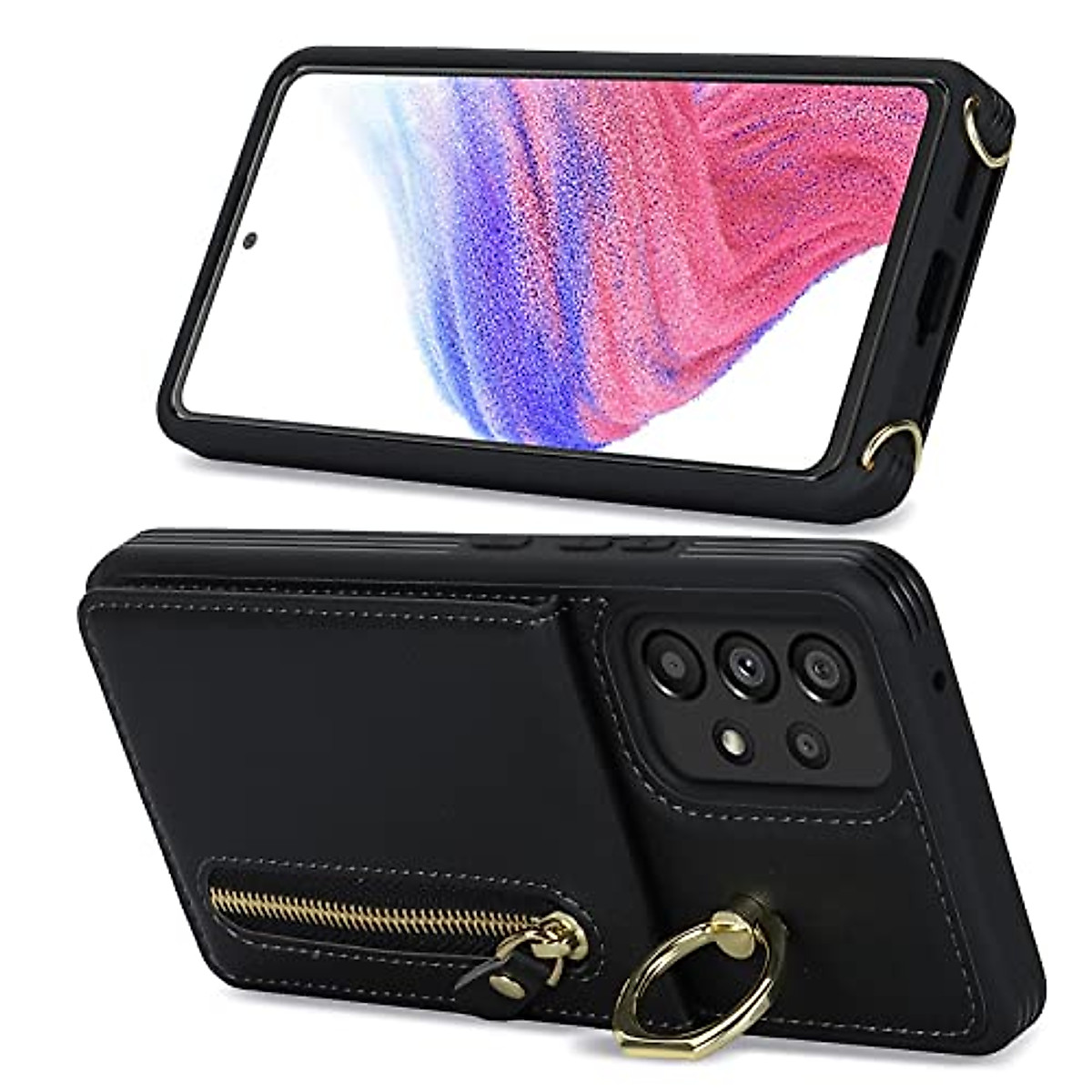 Jaorty Samsung Galaxy A53 5G Phone Case for Women with Card Holder,Samsung A53 Case Wallet Crossbody Lanyard with Strap,Credit Card Slots Kickstand Case with Ring Holder,6.5 Inch,Black
