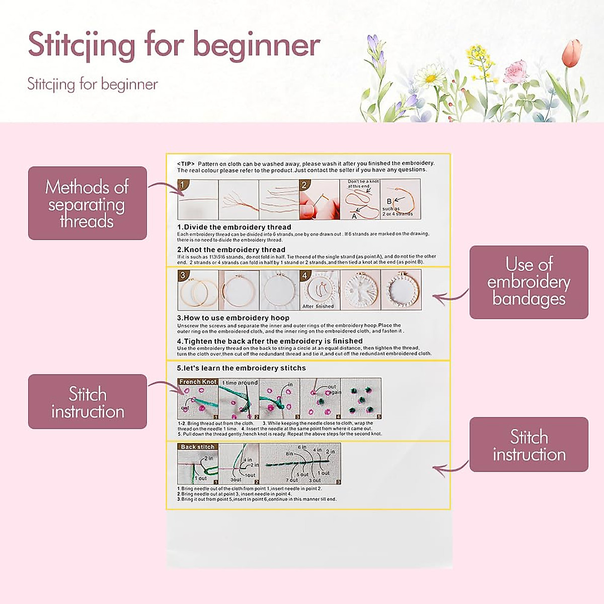 4 Pack Embroidery Kit for Beginners,Adults DIY Starter Kit,Cross Stitching Kits with Flower Stamped Patterns,Hoop,Tools,Colorful Threads with Needles,Step by Step Instructions,Hand Craft Lover Gift