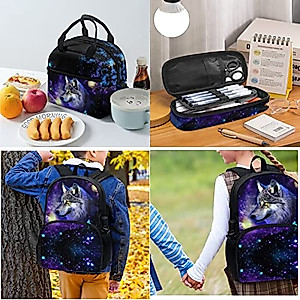 Renewold 3 Pack Galaxy Wolf Print Kids Backpack Set Child Teens Bookbag Student Book Bag Set Daypack with Lunch Box Pencil Case Set for Primary Middle School Girls Boys Lightweight