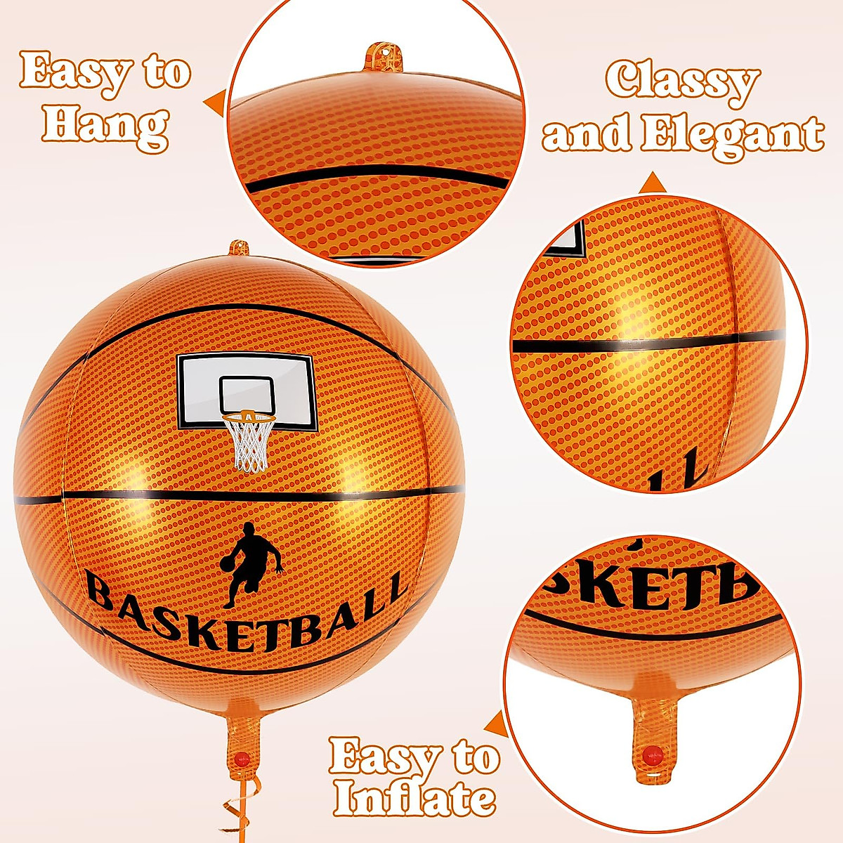 Basketball Balloons, 6 Pcs Metallic Foil Round Balloons, 22 Inch Large Mylar Basketball Balloons for Birthday Basketball Sports Themed Party