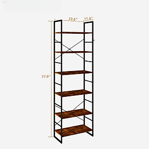 SAILUN 6 Tier Bookshelf, Free Standing Bookcase, Industrial Book Shelf with Metal Frame, Storage Rack Shelves Organizer for Bedroom, Living Room, Home Office，Rustic Brown