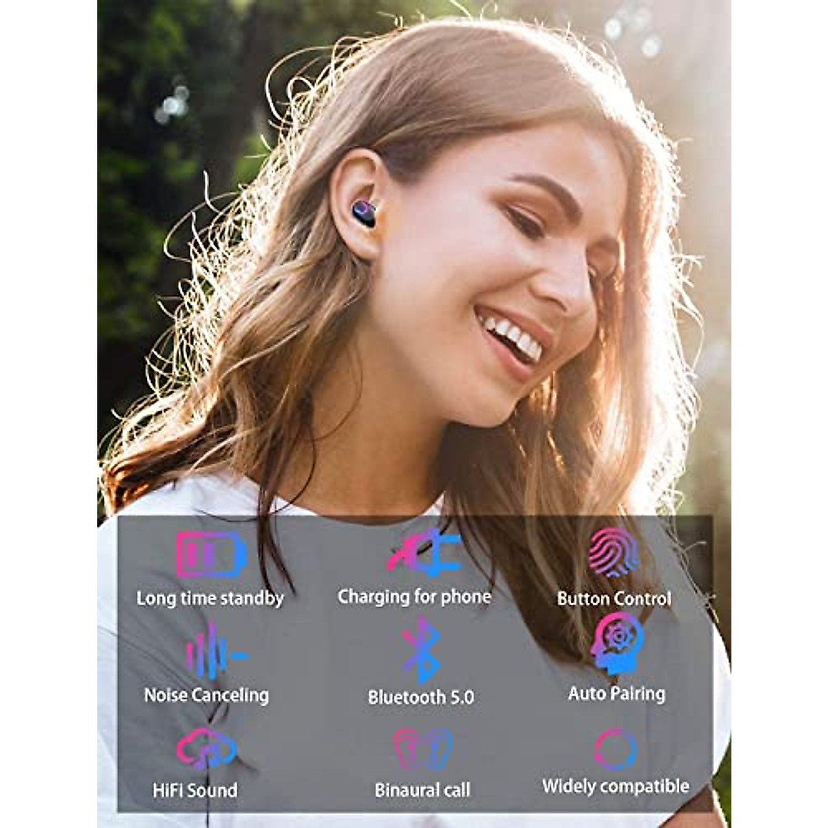 GPEESTRAC True Wireless Earbuds, Bluetooth 5.0 Headphone, in-Ear Button Control Hi-Fi Stereo Sound IPX5 Waterproof, Built-in Mic Earphones Gift for Work Sport Gym Travel Running Black