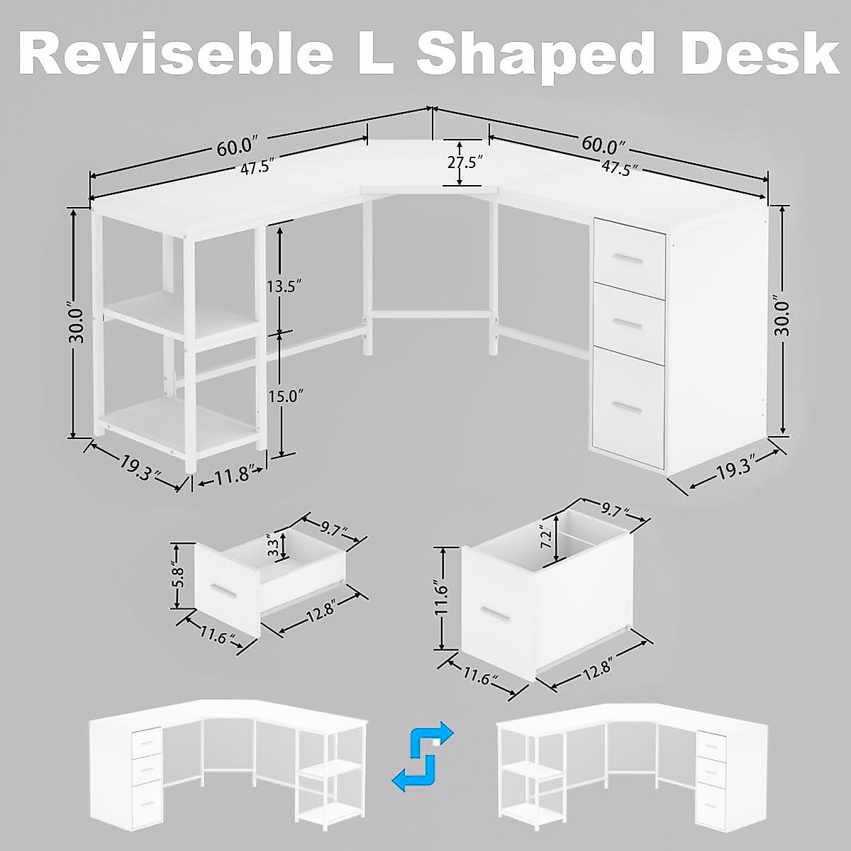 LVB White L Shaped Corner Desk with Drawers, Reversible Modern L-Shaped Computer Desk with Storage Cabinet Shelves, Large Wood L Shape Home Office Desk Table for Work Study Writing Gaming, 60 Inch
