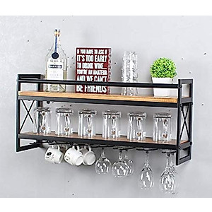 OISSIO Industrial Stemware Rack,Wine Rack Wall Mounted with Wood Shelves,2 Tier Stemware Storage with 7 Stem Glass Holder for Wine Glasses,Mugs,Home Decor,Black(30 inch)