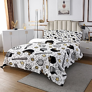 Homewish Leopard Print Bedspread Boys Kids Baseball Bedding Set King Size Cartoon Baseball Hat Bat Comforter Set Men Teens Ball Sports Gaming Quilt Set Modern Black Grey Gold 3pcs,2 Pillowcases