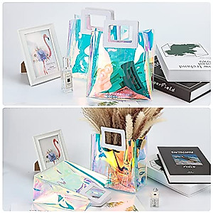 Seazoon 6 Pcs Holographic Small Gift Bag with Handle, Clear Iridescent Reusable Gift Bag, Heavy Duty Clear Party Favor Bags for Baby Shower Wedding Birthday Party Shopping JJ13-1