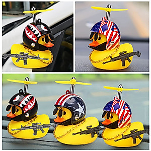 wonuu 3 Pack Car Rubber Duck Cute Yellow Wind-Breaking Ducks Dashboard Decorations Small Ornaments with Propellers Glasses Gold Chain (Yellow-Stars and Stripes&Flag&Shark)