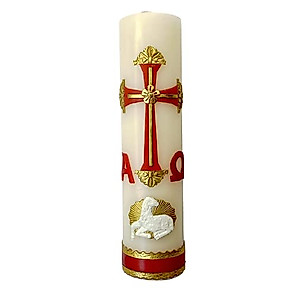 Alpha Omega Candle for Baptism, Confirmation, Easter Lent Cirio para Bautizo, Confirmacion O Boda Cirio Pascual (Red)