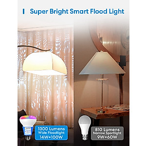 meross Smart Light Bulb, BR30 Flood WiFi LED Bulbs Compatible with Apple Home, Alexa, Google Assistant & SmartThings, Dimmable E26 Multicolor 2700K-6500K RGBCW, 1300 Lumens 100W Equivalent, 2 Pack