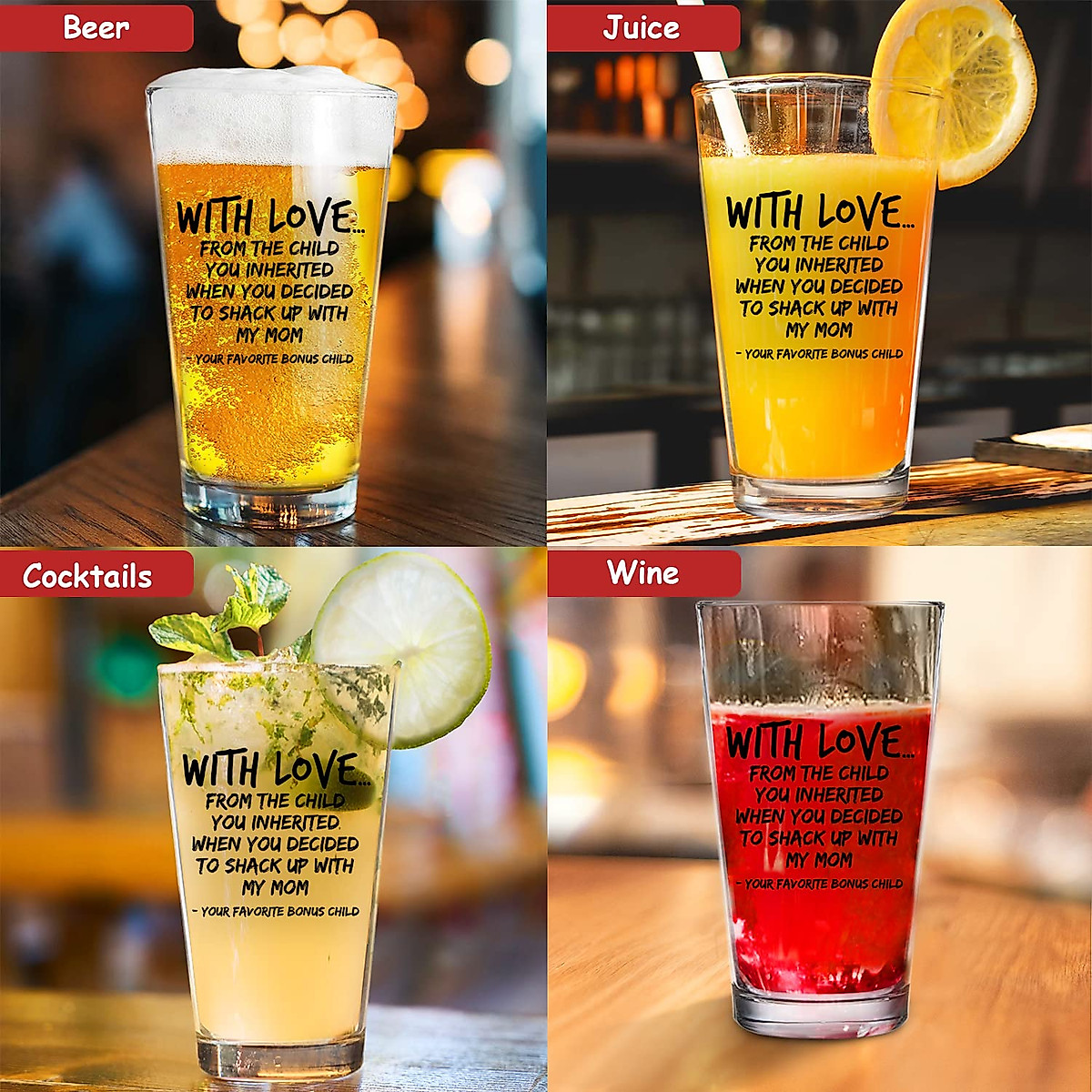 Beer Pint Glass Gift for Bonus Dad- The Child You Inherited- Gift Idea for Stepfathers- Best Stepdad Gift- Gag Father’s Day Gift- Funny Birthday Present for Step Dad from Stepdaughter, Stepson