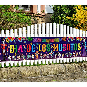 Dia De Los Muertos Decorations Day of the Dead Banner Yard Sign Backdrop Banner with Floral Sugar Skull for Indoor Outdoor Mexican Themed Party Halloween Decorations Supplies