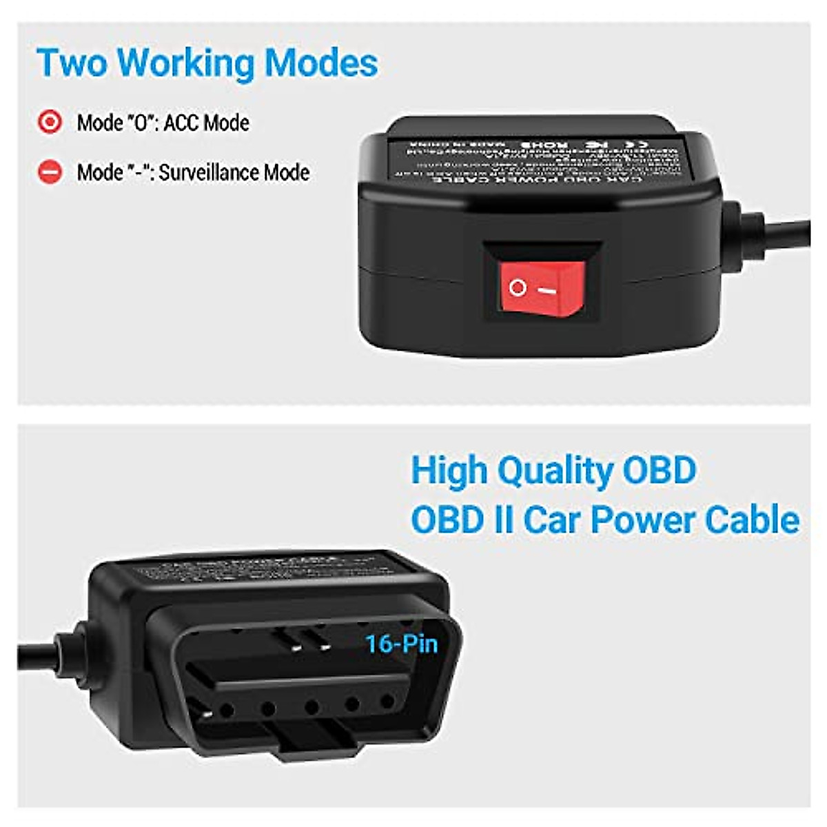 ssontong Upgraded OBD2 OBD Power Cable for Dash Camera, OBD to Type-C USB OBDII Adapter Hardwire Charger Cable 24 Hours Surveillance and Acc Two Mode with Switch Button (Type-C USB Port)