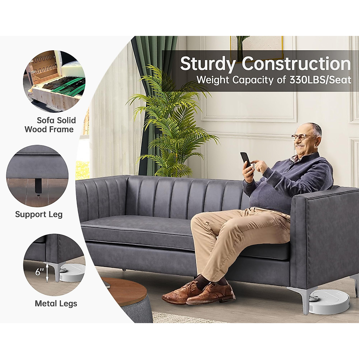 Morden Fort Living Room Chair and Sofa Couch Set, 2 Pieces of Modern Minimalist Upholstered Faux Leather Furniture with Metal Legs for Bedroom, Apartment, Lounge Room Grey