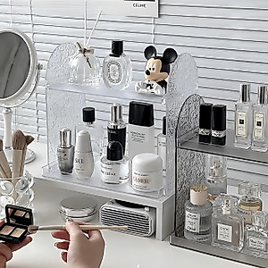 Elivida Perfume Organizer 2 Tier Makeup Organizer Acrylic Bathroom Counter Organizer Vanity Skincare Storage Shelf Modern Cosmetics Holder Shelf, Clear White