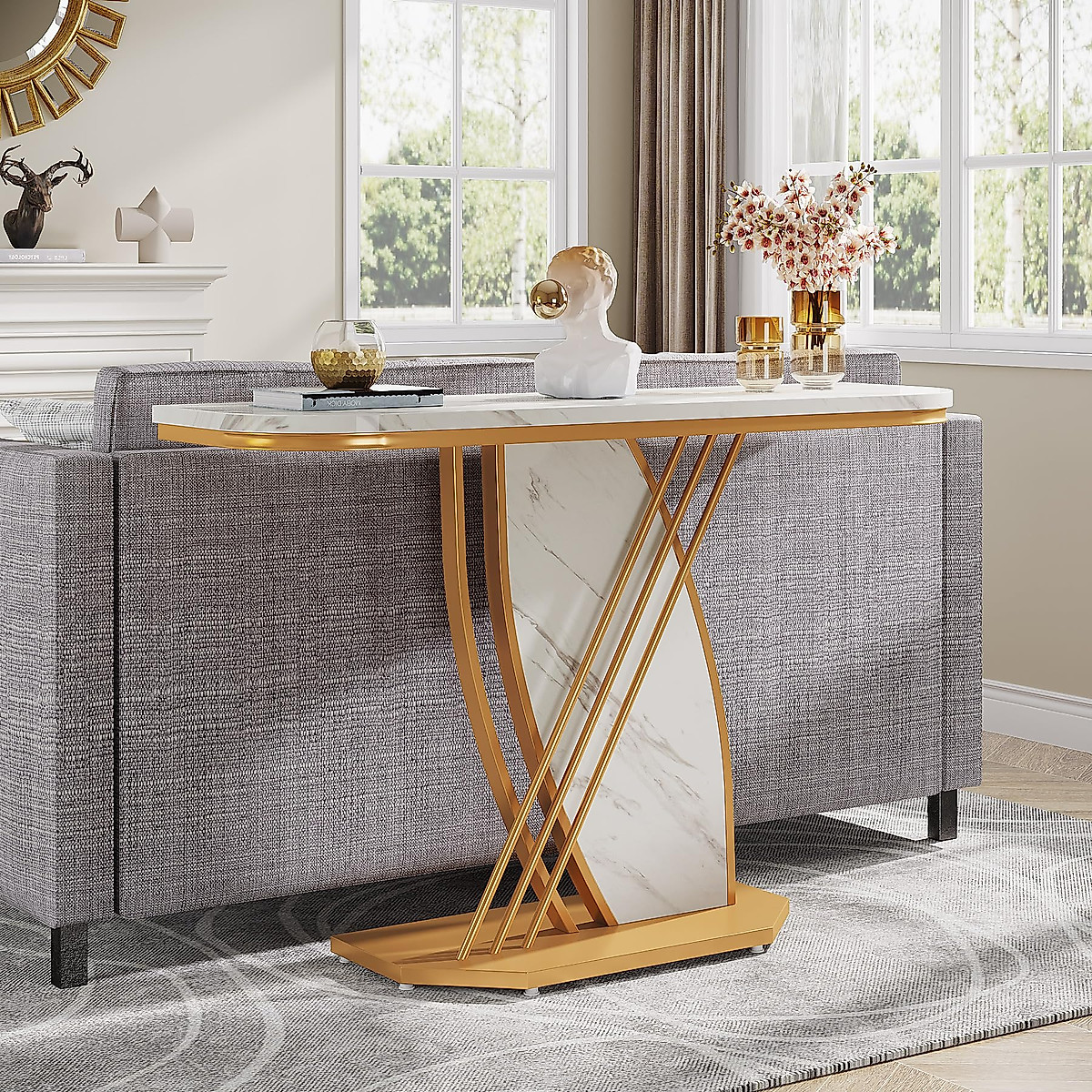 Tribesigns Gold Entryway Table, Modern Console Table, Half Moon Entry Table with Geometric Metal Legs, Faux Marble Narrow Sofa Table Hallway Table for Entrance, Living Room, White & Gold