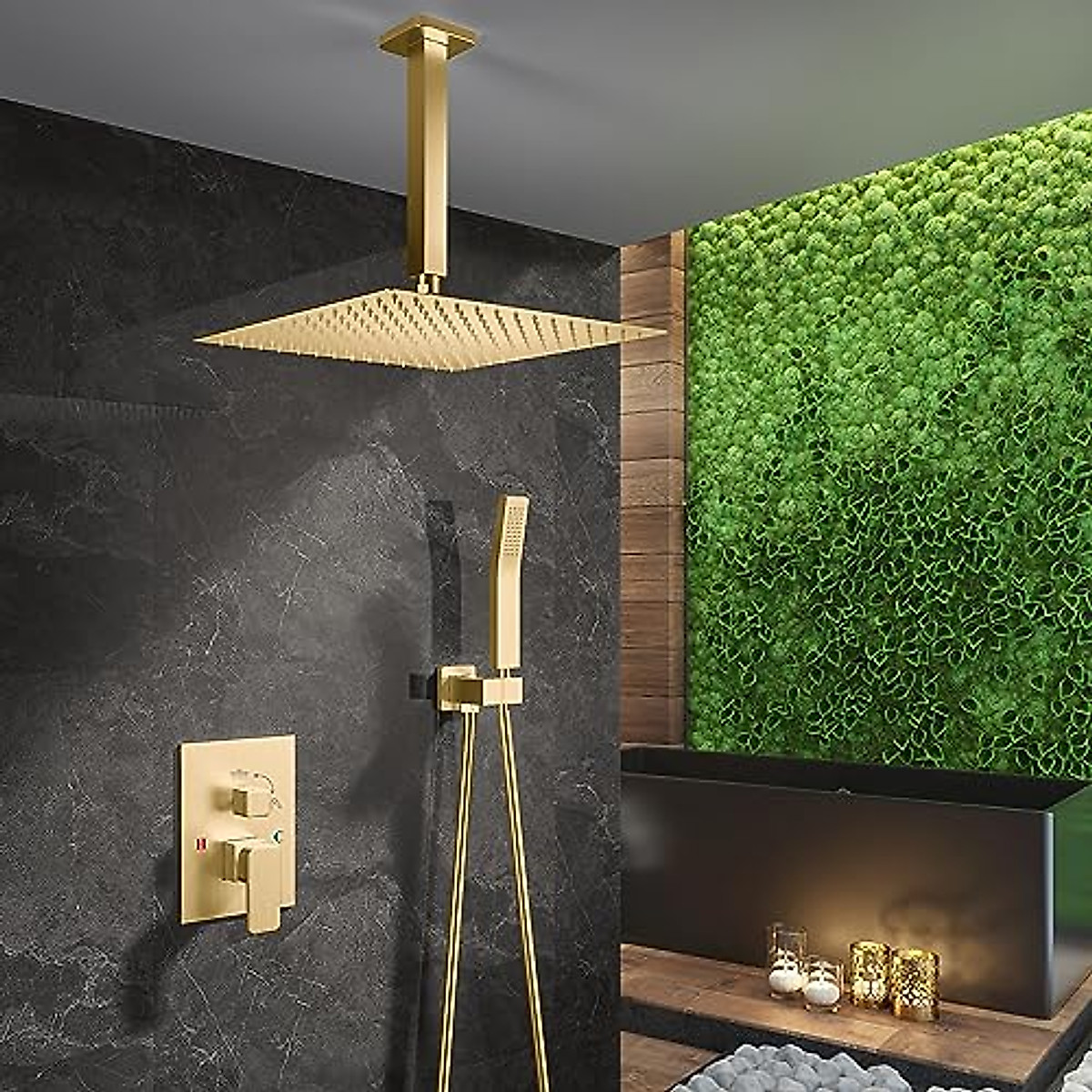 Shower System, HotQing 12 Inches High Pressure Shower Head with Rain Handheld Combo Set, Ceiling Mounted Dual Shower Head System, Bathroom Shower Faucet Set Rough-in Valve Body and Trim Brushed Gold