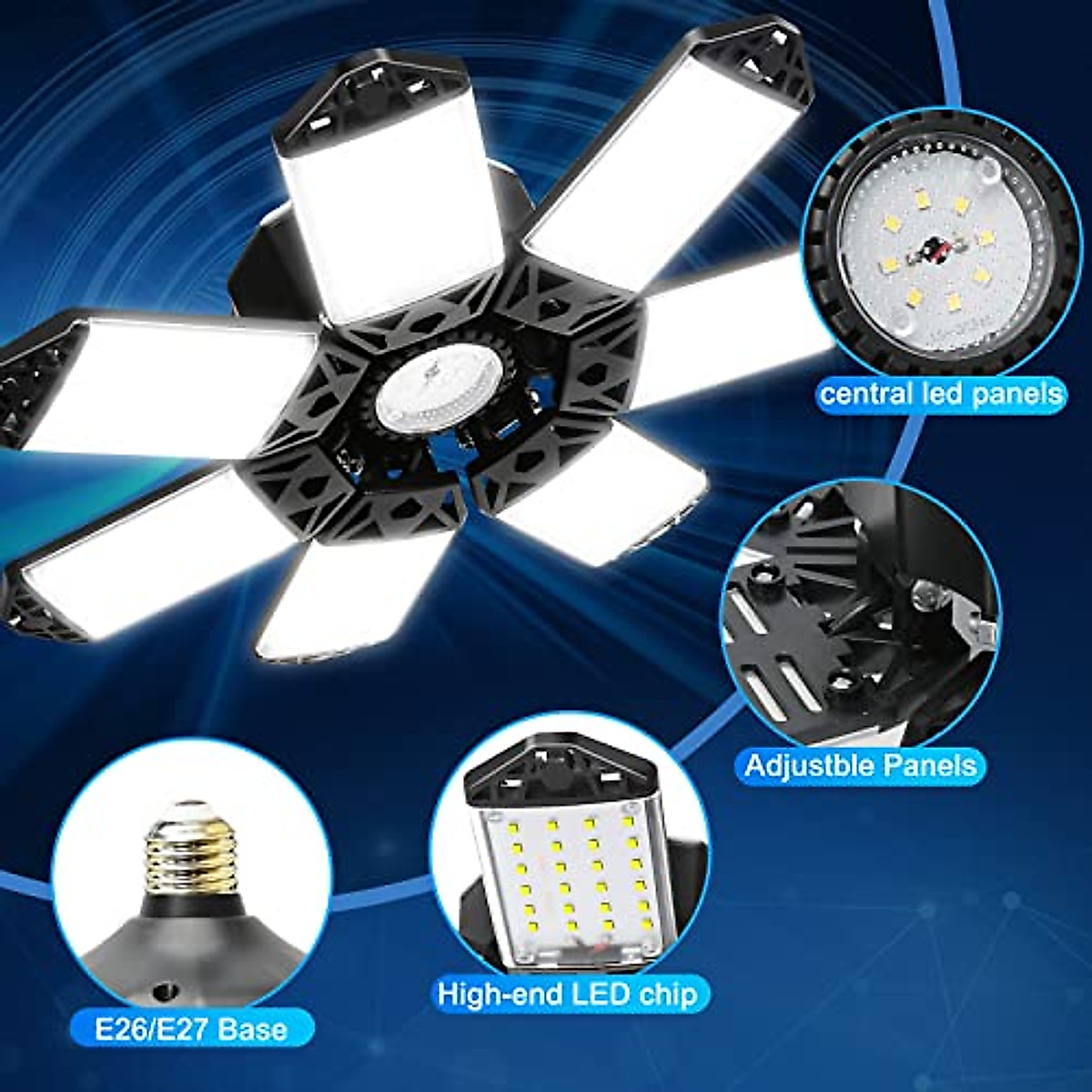 SILIVN 2 Pack LED Garage Lights, 180W Ultra Bright Deformable LED Garage Ceiling Lights with 7 Adjustable Panels, 15000LM E26/E27 LED Shop Lights for Garage, Workshop, Basement, Attic