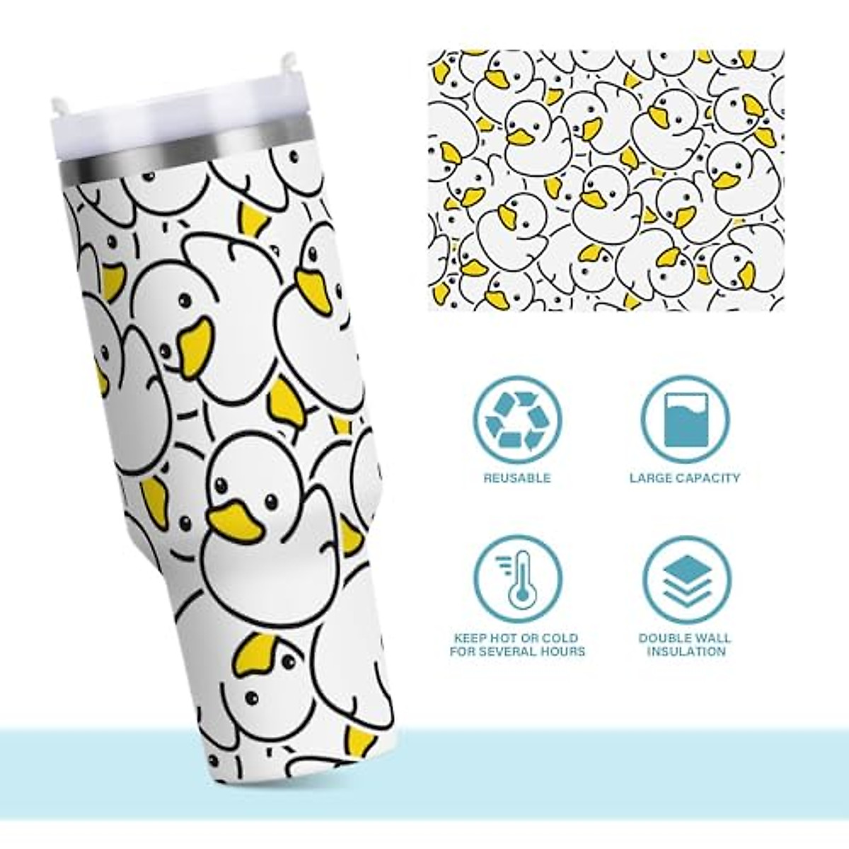 MCHIVER Cute Duck White 30 oz Tumbler with Handle and Straw Stainless Steel Vacuum Water Bottle Leak-proof Travel Coffee Mug Insulated Tumbler for Office Home Car