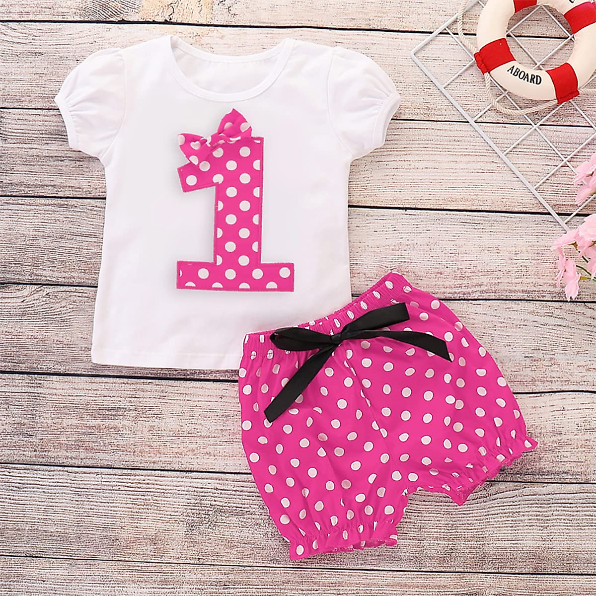 ODASDO Infant Baby Girl 1st First Birthday Cake Smash Outfit Cotton Short Sleeve T-shirt Top Polka Dots Shorts Pants Ear Bowknot Headband 3pcs Clothes Set Photo Props Hot Pink 12-18 Months