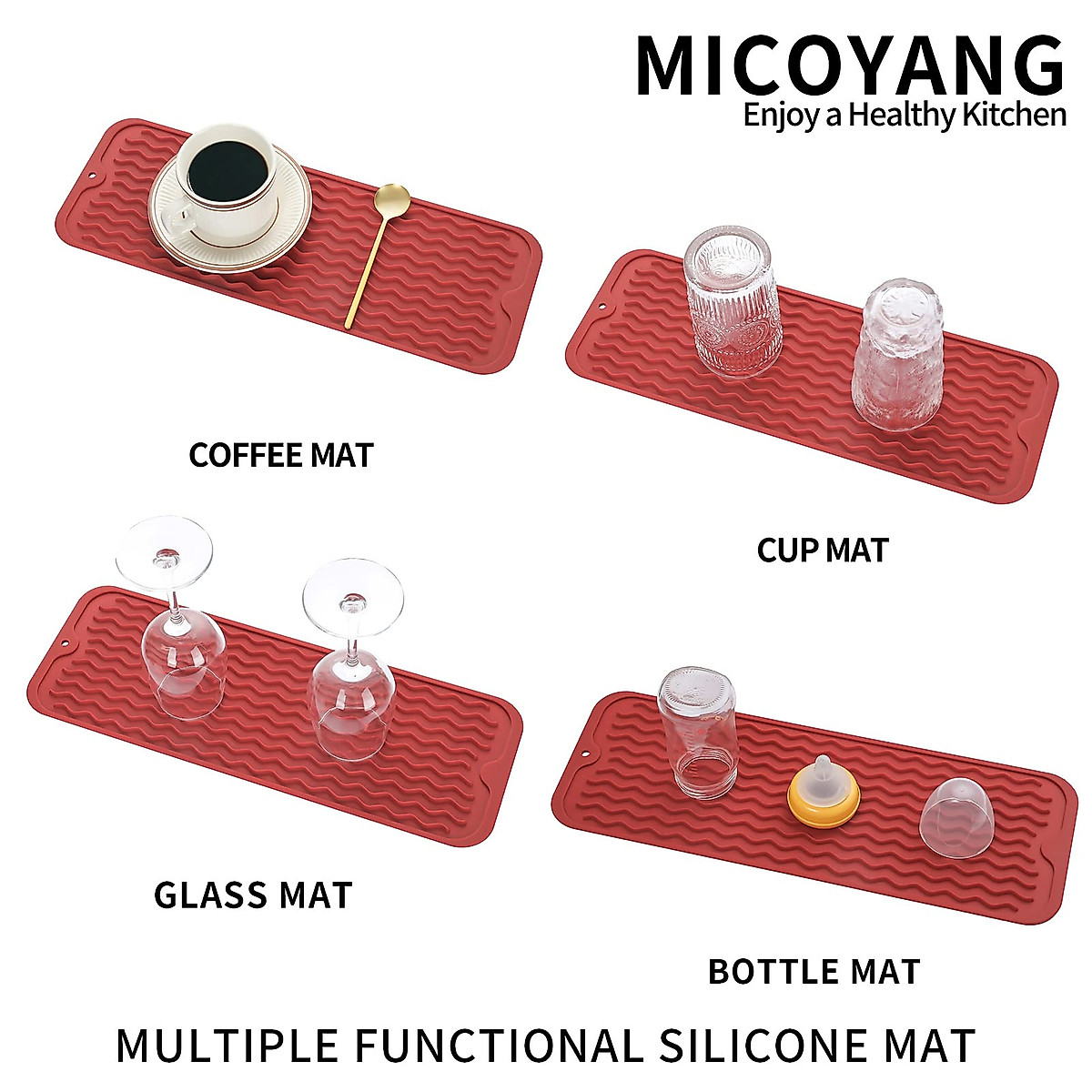 MicoYang Silicone Dish Drying Mat for Multiple Usage,Easy clean,Eco-friendly,Heat-resistant Silicone Mat for Kitchen Counter,Sink,Bar,Bottle,or Cup Red M 17 inches x 6 inches