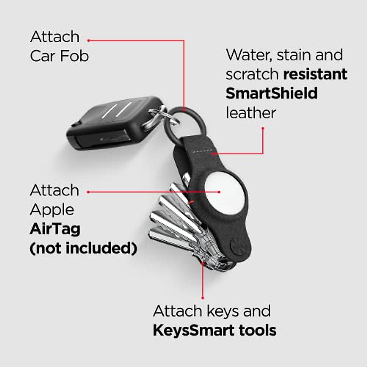 KeySmart Air - Compact Keyholder for Airtag - Key Organizer and Case for Apple Airtag - Includes Carabiner Keyring Key Chain to Attach Car Key Fob - Smartshield Leather Keychain (Black)