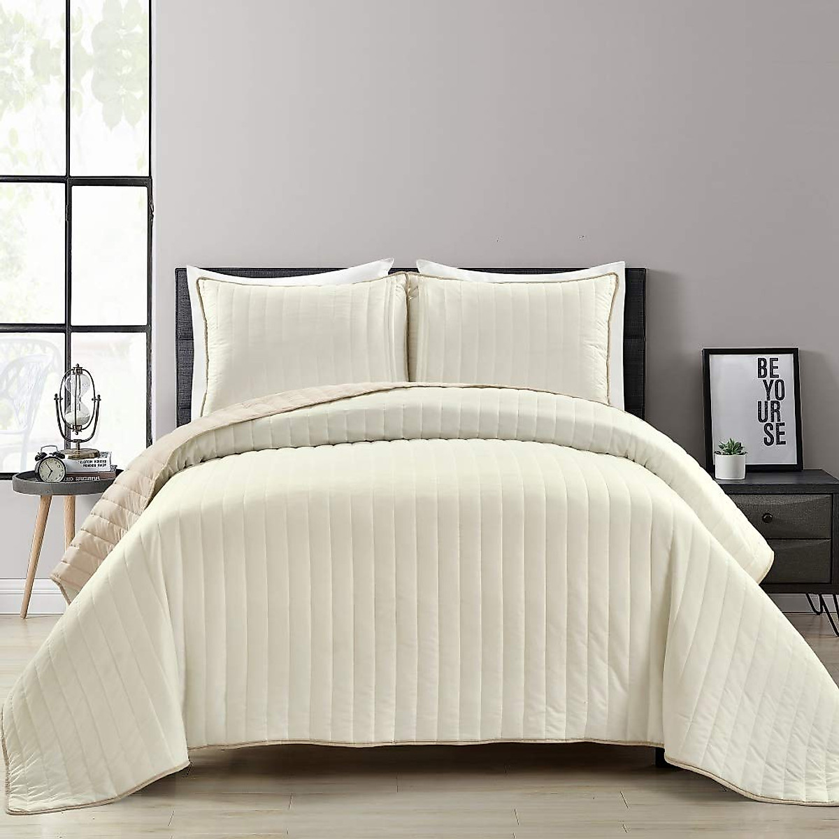 Lush Decor Soft Stripe All Season 3 Piece Quilt/Coverlet Set, Neutral & Ivory, Full Queen