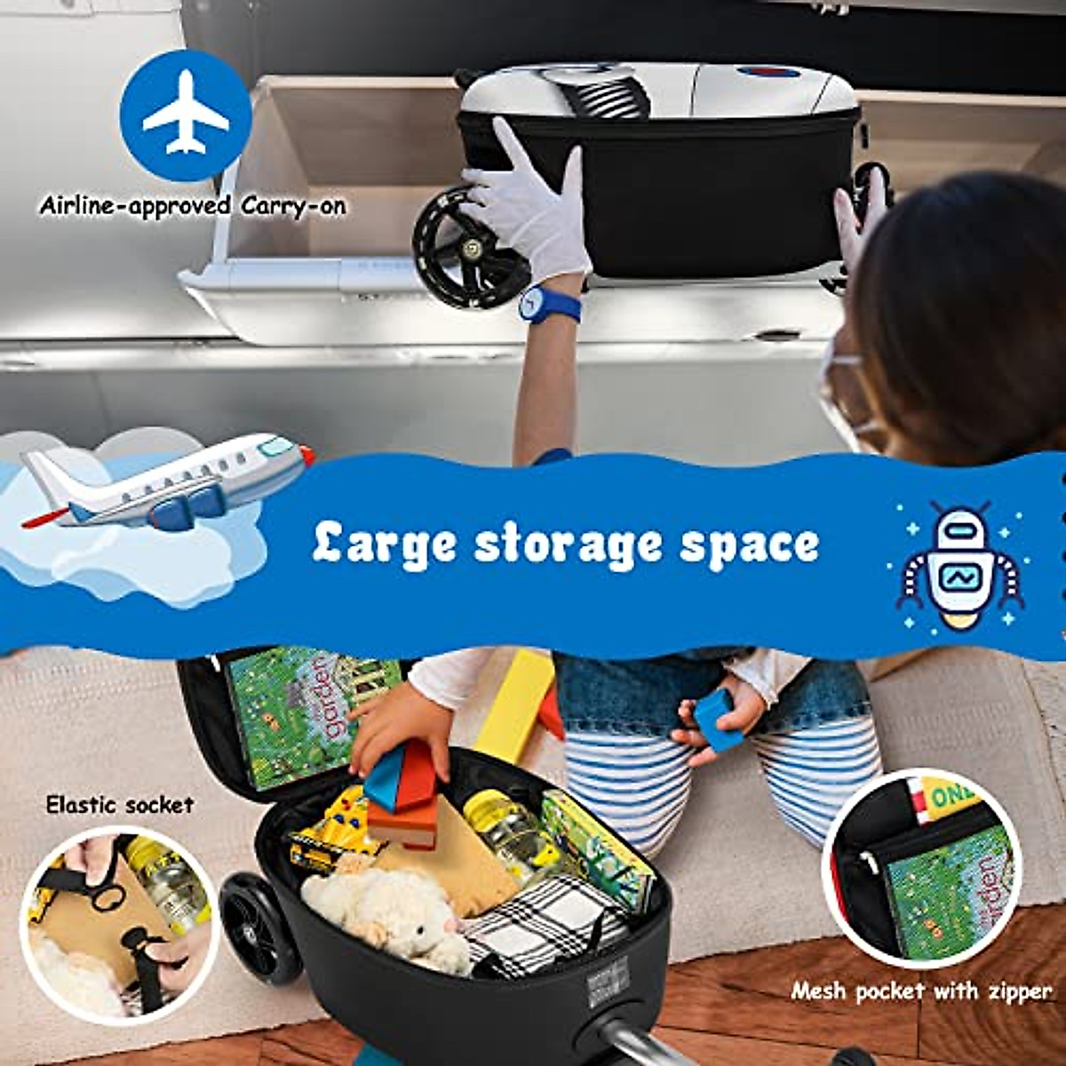 HONEY JOY Kids Scooter Suitcase, 18” Children Carry on Scooter Luggage w/Light-up LED Wheels, Waterproof Shell & Retractable Handle, Lightweight Foldable Ride on Suitcase for Kids Boys Girls(Robot)