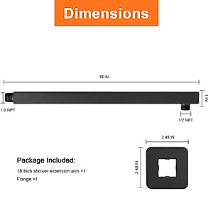 HarJue Shower Arm, Rain Shower Head Extension Extender, With Flange and Teflon Tape, Made of Thicken Stainless Steel for Bathroom Rainfall Showerhead (16 Inch, Matte Black)