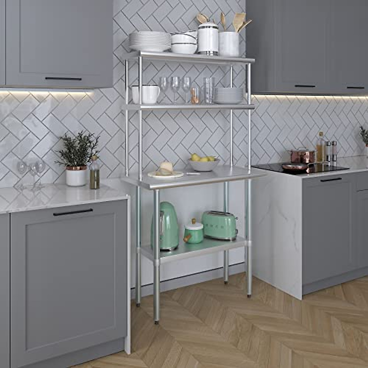 AmGood Stainless Steel Work Table with 12" Wide Double Tier Overshelf | Metal Kitchen Prep Table & Shelving Combo | NSF (Stainless Steel Table with Double Overshelves, 36" Long x 18" Deep)