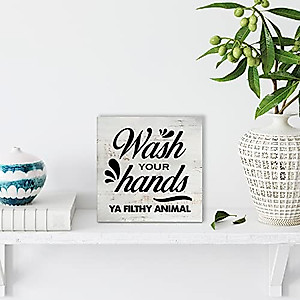 Bathroom Quote Wash Your Hands Filthy Animal Wood Box Sign Rustic Wooden Box Sign Farmhouse Bathroom Restroom Toilet Washroom Desk Shelf Decor (5 X 5 Inch)