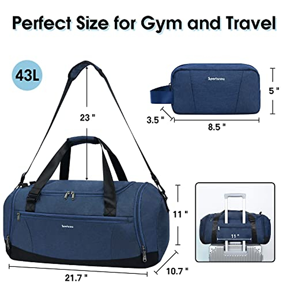 Travel Duffel Bag, Weekender Overnight Backpack with Shoe Compartment and Wet Pocket Sport Gym Bag for Men and Women, Navy