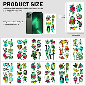 Glow in the Dark Tattoos, ACSAUMMY 12 Sheet Neon Tattoos Makeup Fake Tattoos Rave Festival Accessory UV Temporary Tattoos for Women Men Face Arm Body Blacklight Butterfly Tattoos Adult Party Supplies