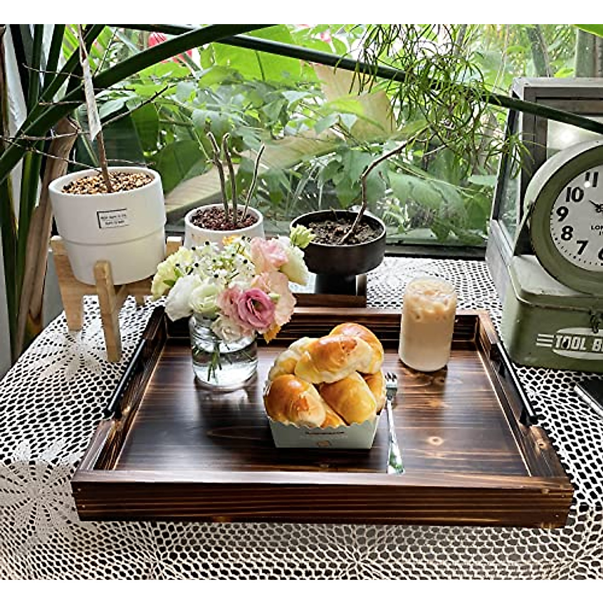 Ottoman Serving Tray - Rustic Farmhouse Decor; Lightweight with Metal Handles - Coffee Table Or Ottoman, Perfect for Parties, Decoration, Breakfast in Bed, Wine, Food, Tea! (Brown Tray)