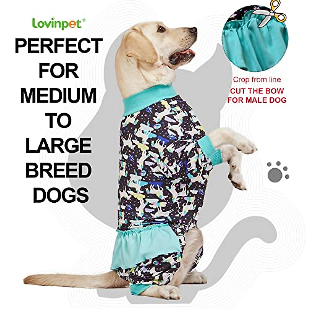LovinPet Large Giant Dog Pajamas, Post Surgery Recovery Shirt for Large Dogs, Unicorns in Space Black Print/Lightweight Big Dogs Pullover, Full Coverage Large Breed Dog Jammies, Pet PJ's /3XL
