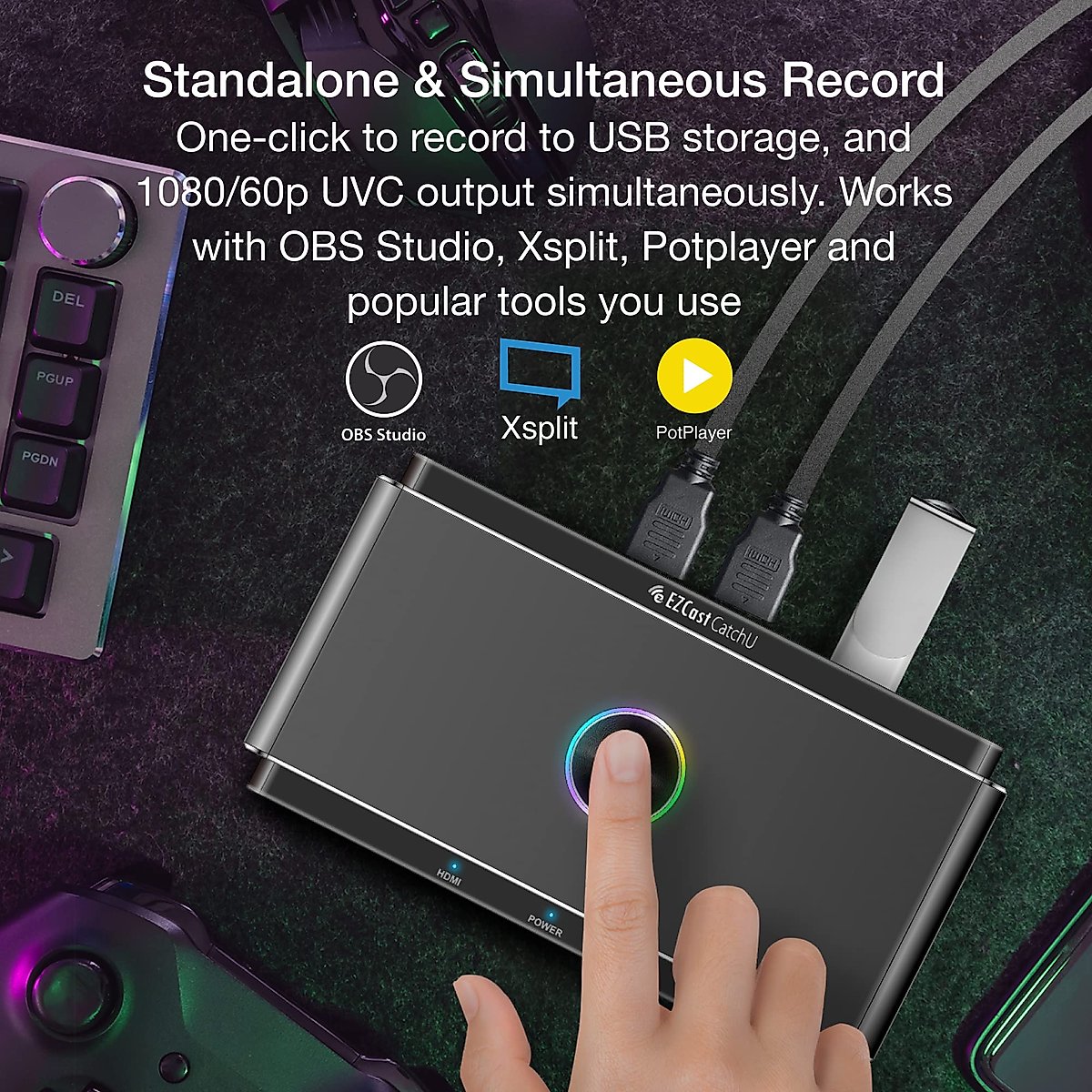 EZCast CatchU Capture Card, Plug and Record Your Mobile Gameplay, Capture and Record Gameplay to USB, 4K60 Pass-Through, 1080p60 UVC Stream, Support Smartphone, Xbox, PS5, Nintendo Switch