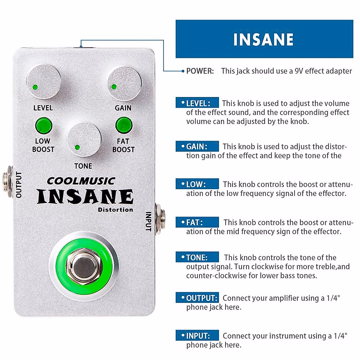 COOLMUSIC C-DI01 Insane Distortion Guitar Bass Distortion Pedal