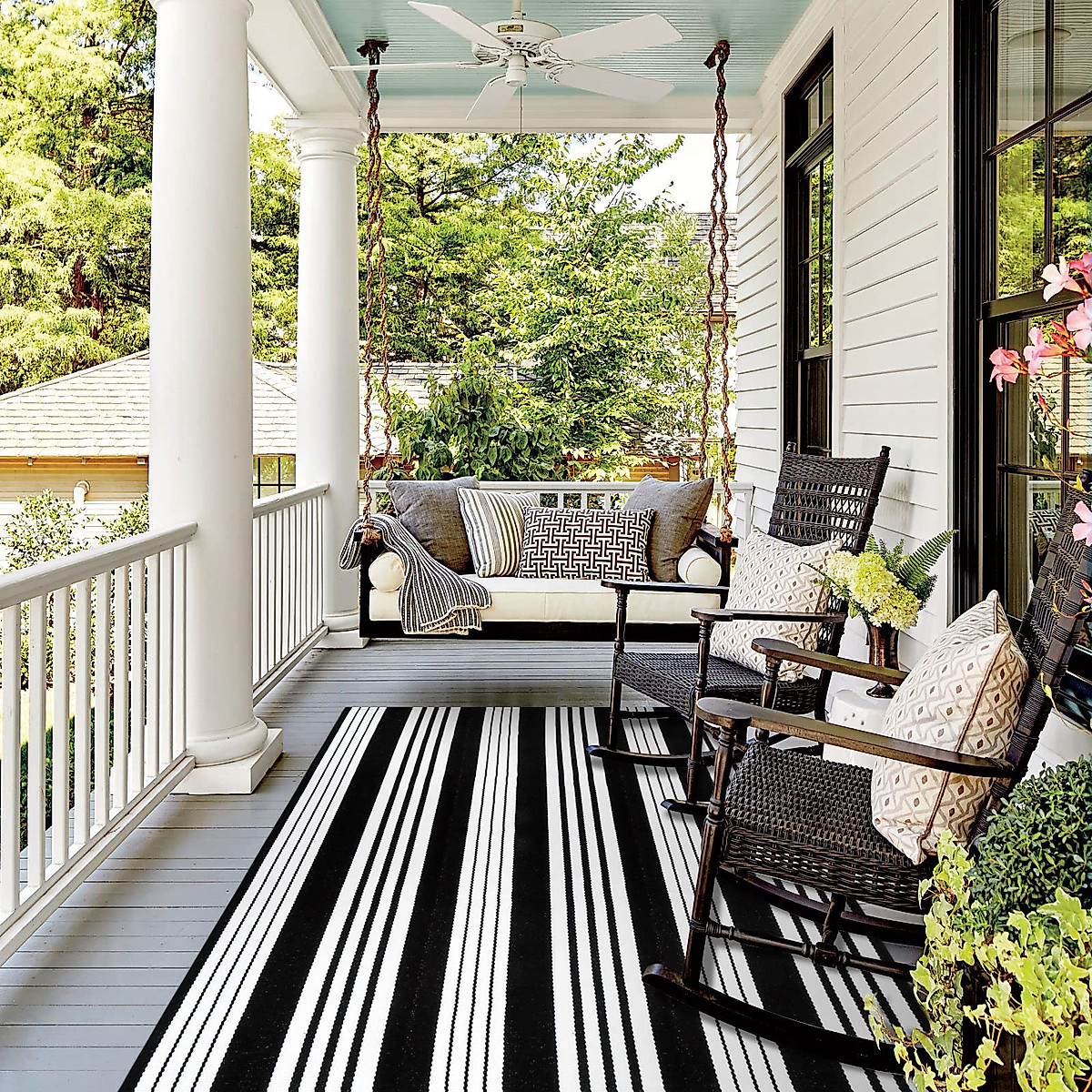 Tiveney Outdoor Rug Washable Area Rug 5'X7', Patio Rug Porch Rug Large Door Mat Cotton Woven Living Room Rug Indoor Black and White Outdoor Rugs for Entryway/Farmhouse/Kitchen/Foyer/Deck/Backyard