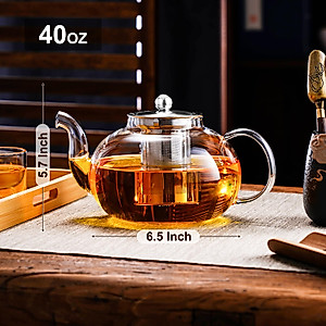 PARACITY Glass Teapot Stovetop 40 OZ/1200ml, Borosilicate Clear Tea Kettle with Removable 18/8 Stainless Steel Infuser, Teapot Blooming and Loose Leaf Tea Maker Tea Brewer for Camping, Travel