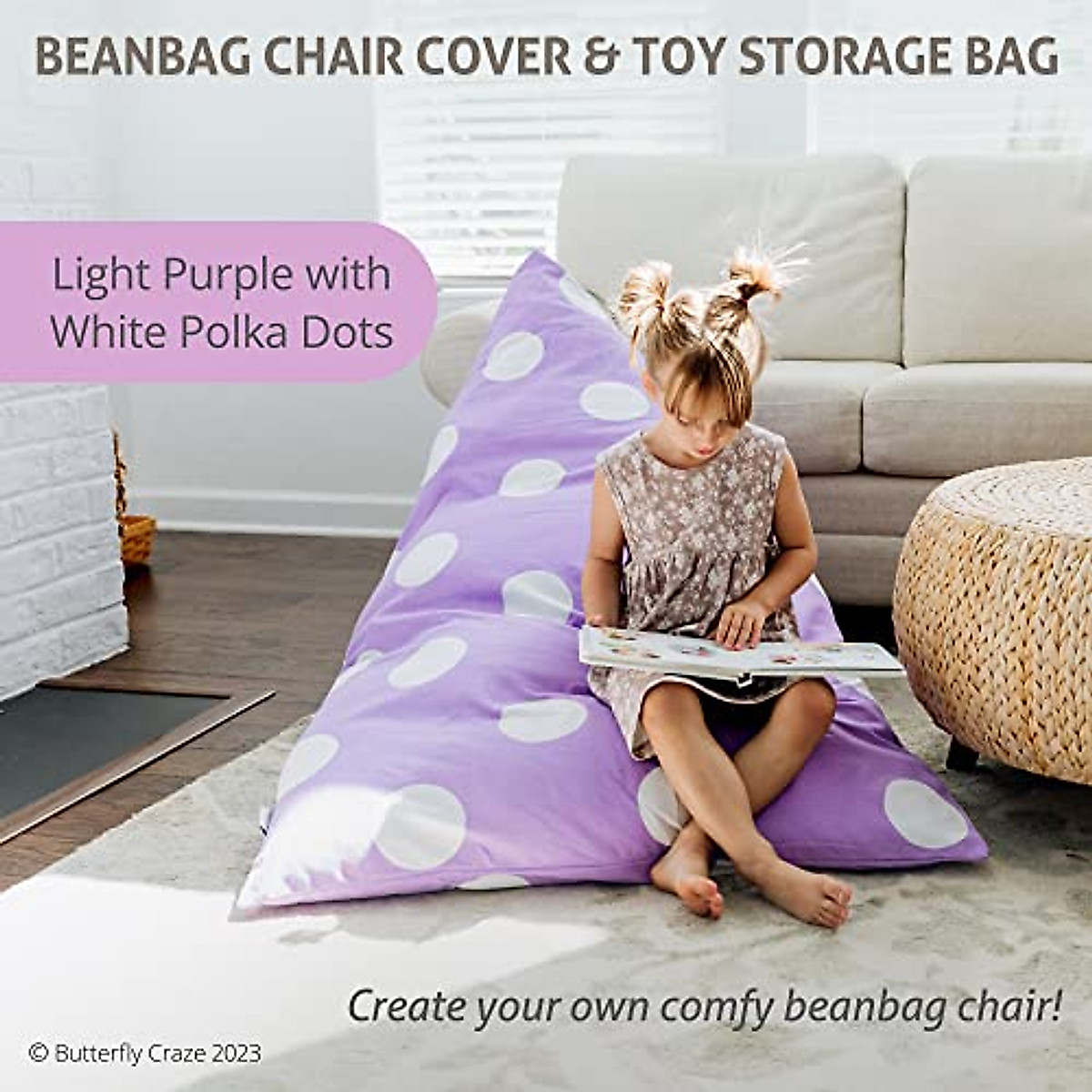 Butterfly Craze Bean Bag Chair Cover, Functional Toddler Toy Organizer, Fill with Stuffed Animals to Create a Jumbo, Comfy Floor Lounger for Boys or Girls, Stuffing Not Included, Purple Polka Dots