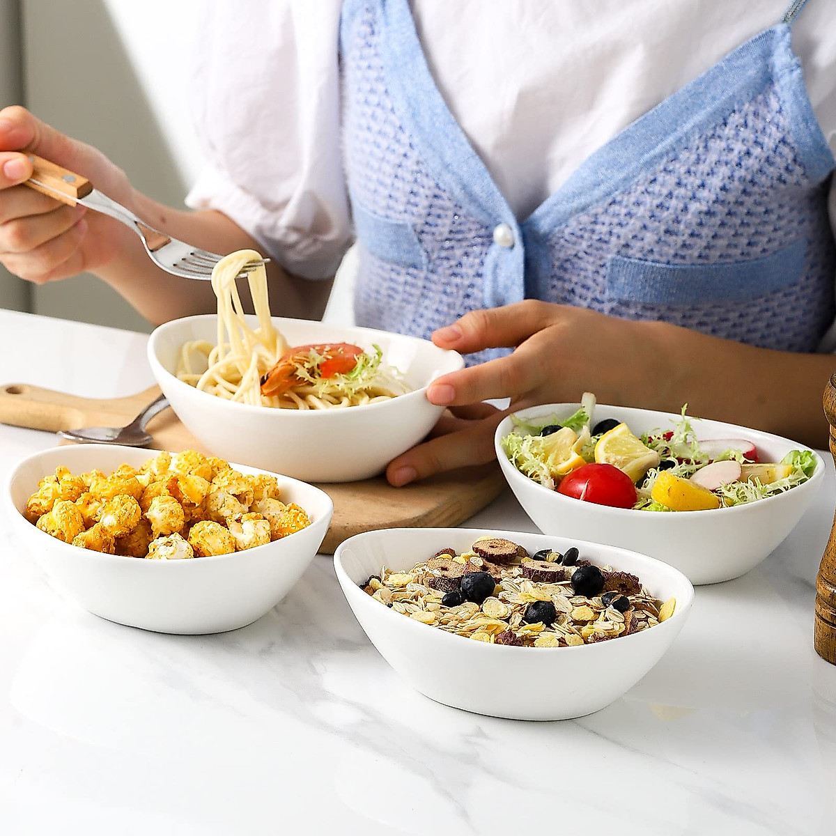 Hasense Porcelain Serving Bowls 36 Ounce Large Salad Bowl Set of 4, 28 Ounce Cereal Soup Bowls Set Set of 4, 10 Ounce Small Ice Cream Dessert Dishes Set of 4 - White