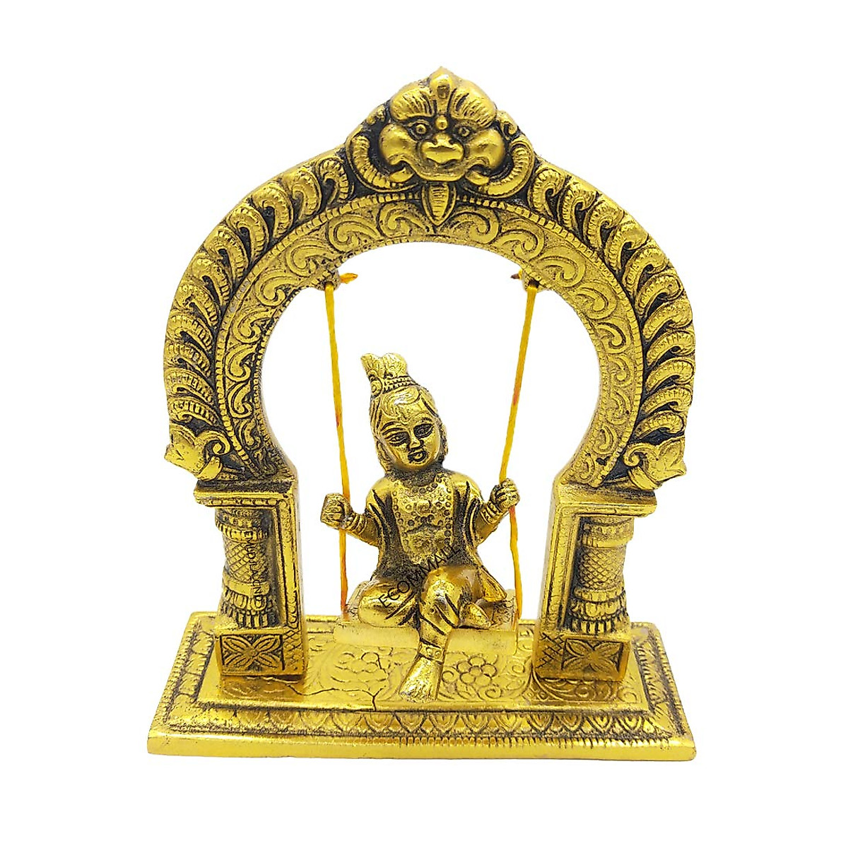 Ecommall Laddu Gopal Metal Solid Jhula Swing with Ladoo Gopal Murti Handicraft Showpiece Idol for Temple/Home/Office (Gold, Medium)