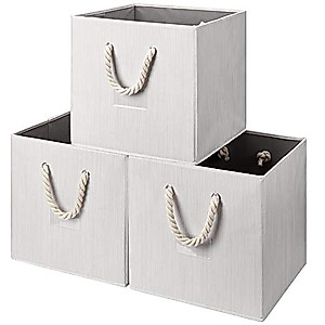 i BKGOO Foldable Storage Cube Bins Beige-White Bamboo Fabric Collapsible Resistant Basket Box Organizer with Cotton Rope Handle for Home Office and Nursery 13x13x13 inch
