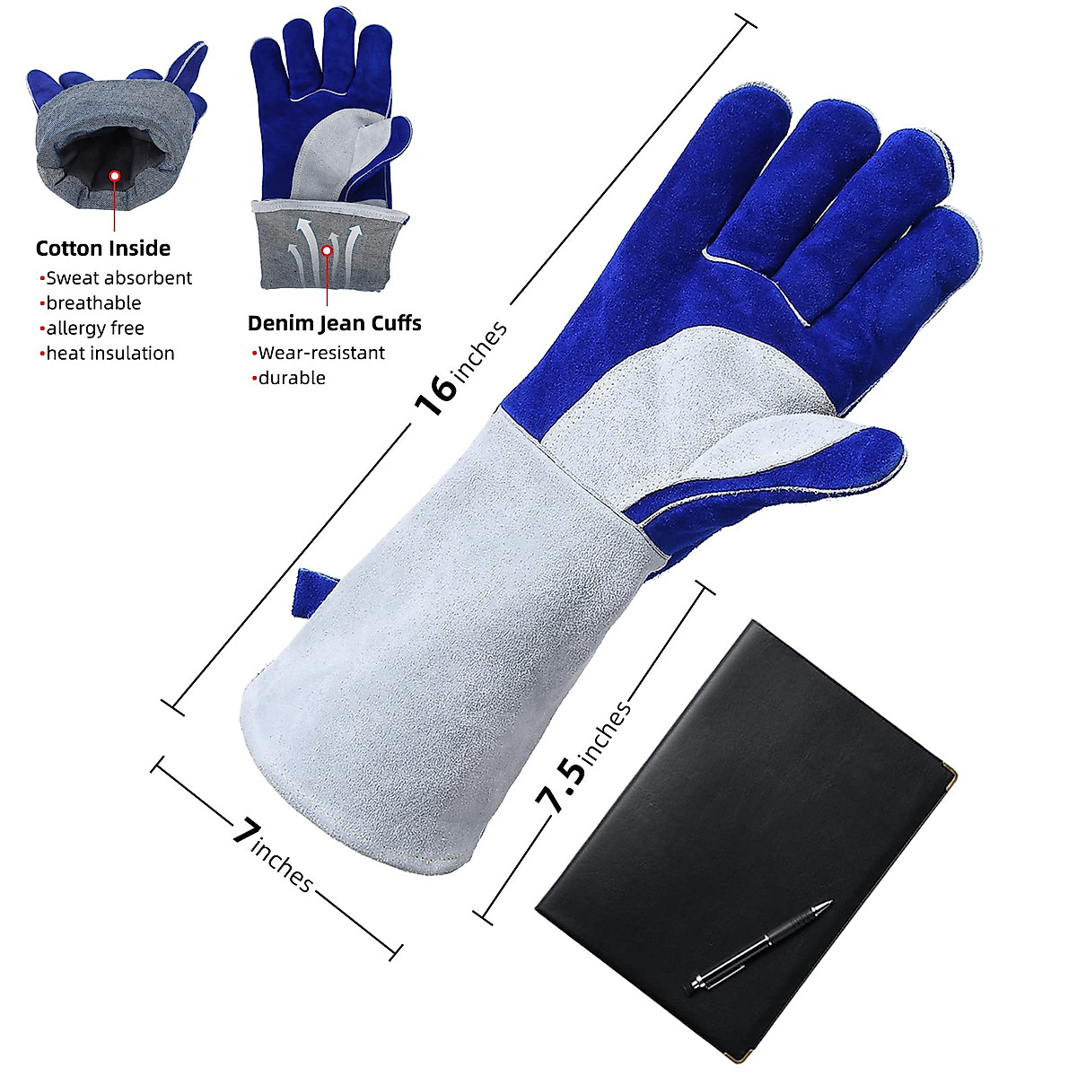 662℉ Welding Gloves HANDSOME PROTECTION 16 Inches, Heat/Fire Resistant Mitts Animal handling Glove Extra Long Sleeve for Oven/Grill/Fireplace/Furnace/Stove/Pot Holder/Tig Welder/Mig/BBQ (Blue)