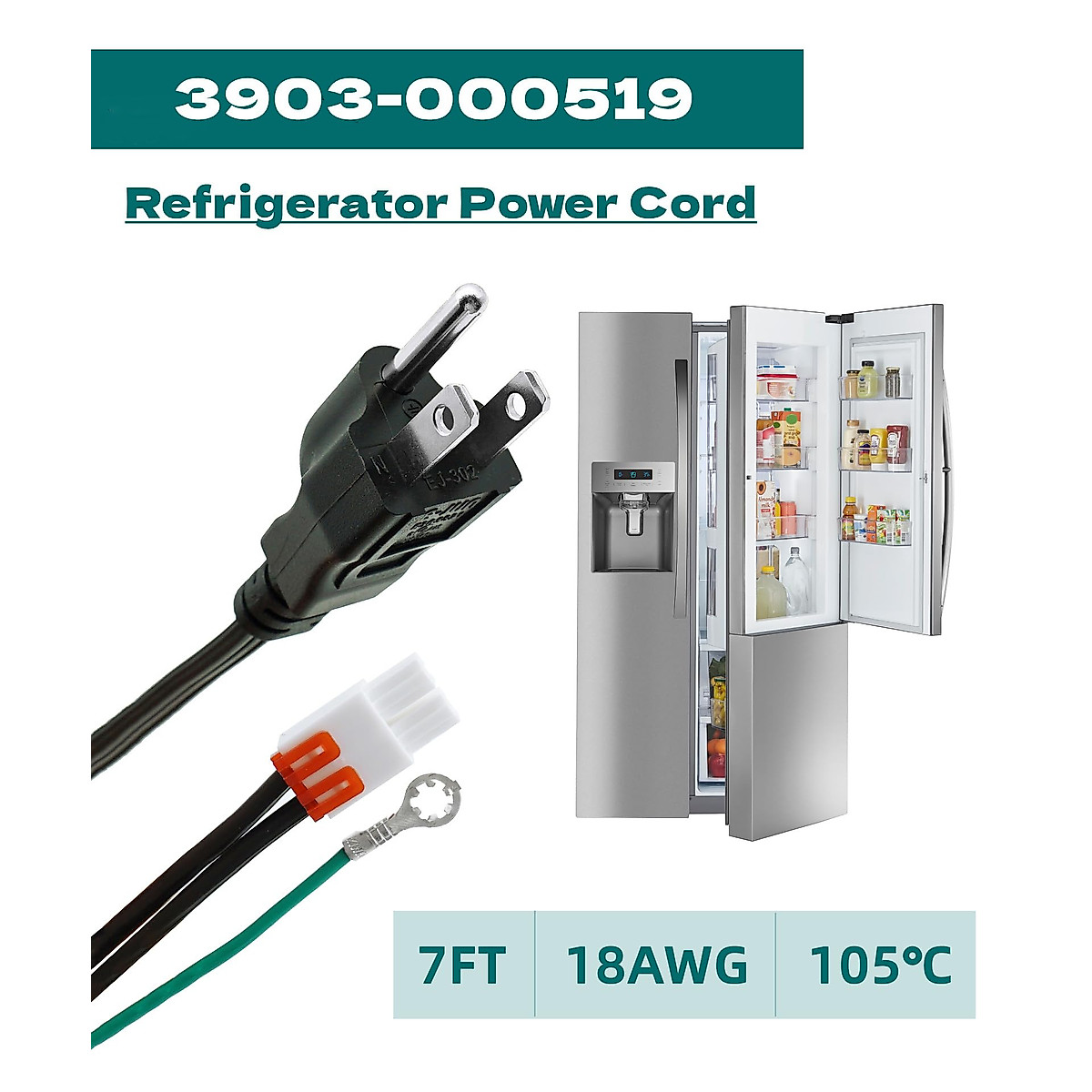 Taruimoo 3903-000519 3903-001003 Refrigerator Power Cord Compatible with Samsung RH29H8000SR/AA-00,RF261BEAEWW/AA-01 etc,Replacement Fridge Power Cord 3903-001013,3903-000796,3903-000786 etc