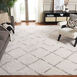 SAFAVIEH Arizona Shag Collection Area Rug - 9' x 12', Ivory & Beige, Moroccan Diamond Design, Non-Shedding & Easy Care, 1.6-inch Thick Ideal for High Traffic Areas in Living Room, Bedroom (ASG743A)