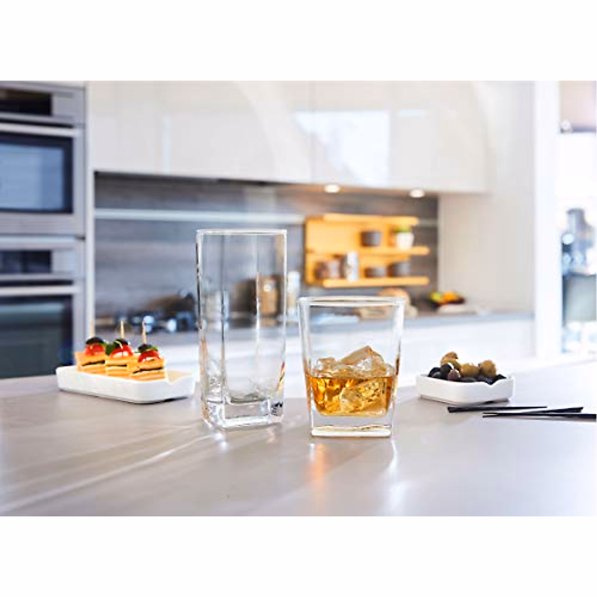 Durable Drinking Glasses Set of 16 | Glassware Set Includes 8 Highball Glasses (16 oz) 8 Rocks Glasses (13 oz) Heavy Base Glass Cups for Water, Juice, Beer, Wine, and Cocktails