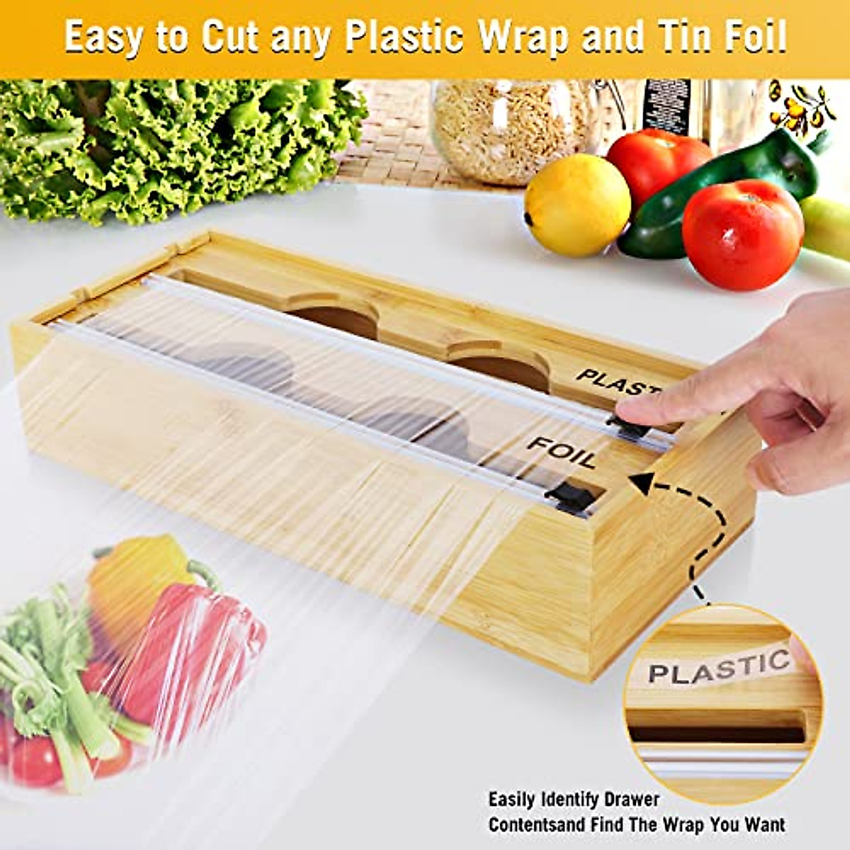 Wizsofer 2 in 1 Foil and Plastic Wrap Organizer, Bamboo Plastic Wrap Dispenser with Cutter and Labels, Plastic Wrap, Wax Paper, Aluminum Foil Organization and Storage for Drawer, Fits with 12" Roll