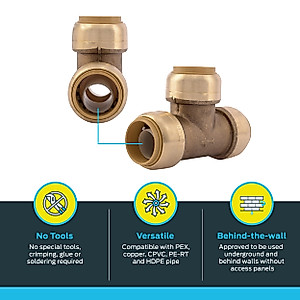 SharkBite 3/4 Inch Tee, Push to Connect Brass Plumbing Fitting, PEX Pipe, Copper, CPVC, PE-RT, HDPE, U370LFA