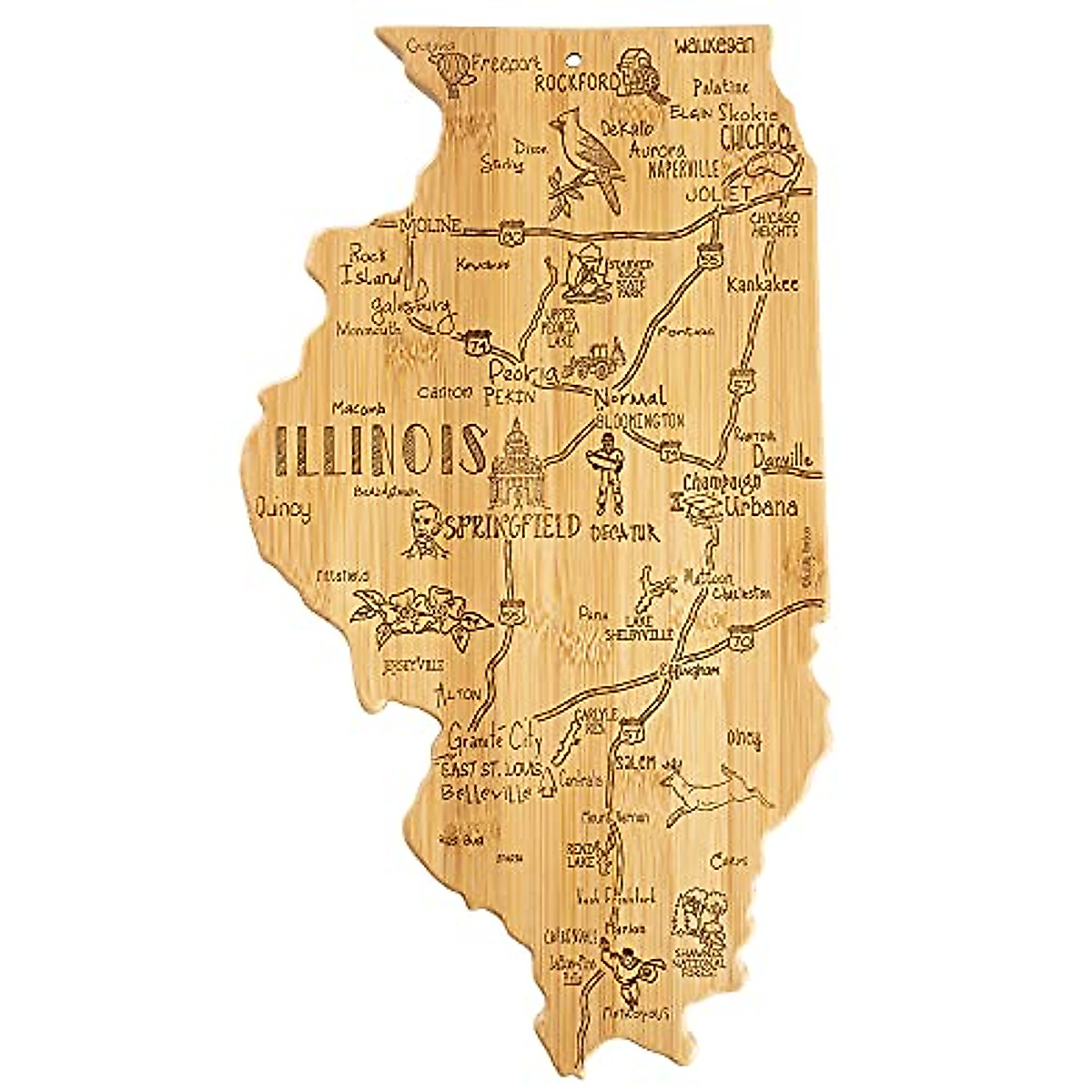 Totally Bamboo Destination Illinois State Shaped Serving and Cutting Board, Includes Hang Tie for Wall Display