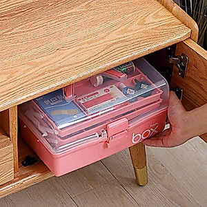 Kinsorcai 12'' Three-Layer Clear Plastic Storage Box/Tool Box, Multipurpose Organizer and Portable Handled Storage Case for Art Craft and Cosmetic (Pink)